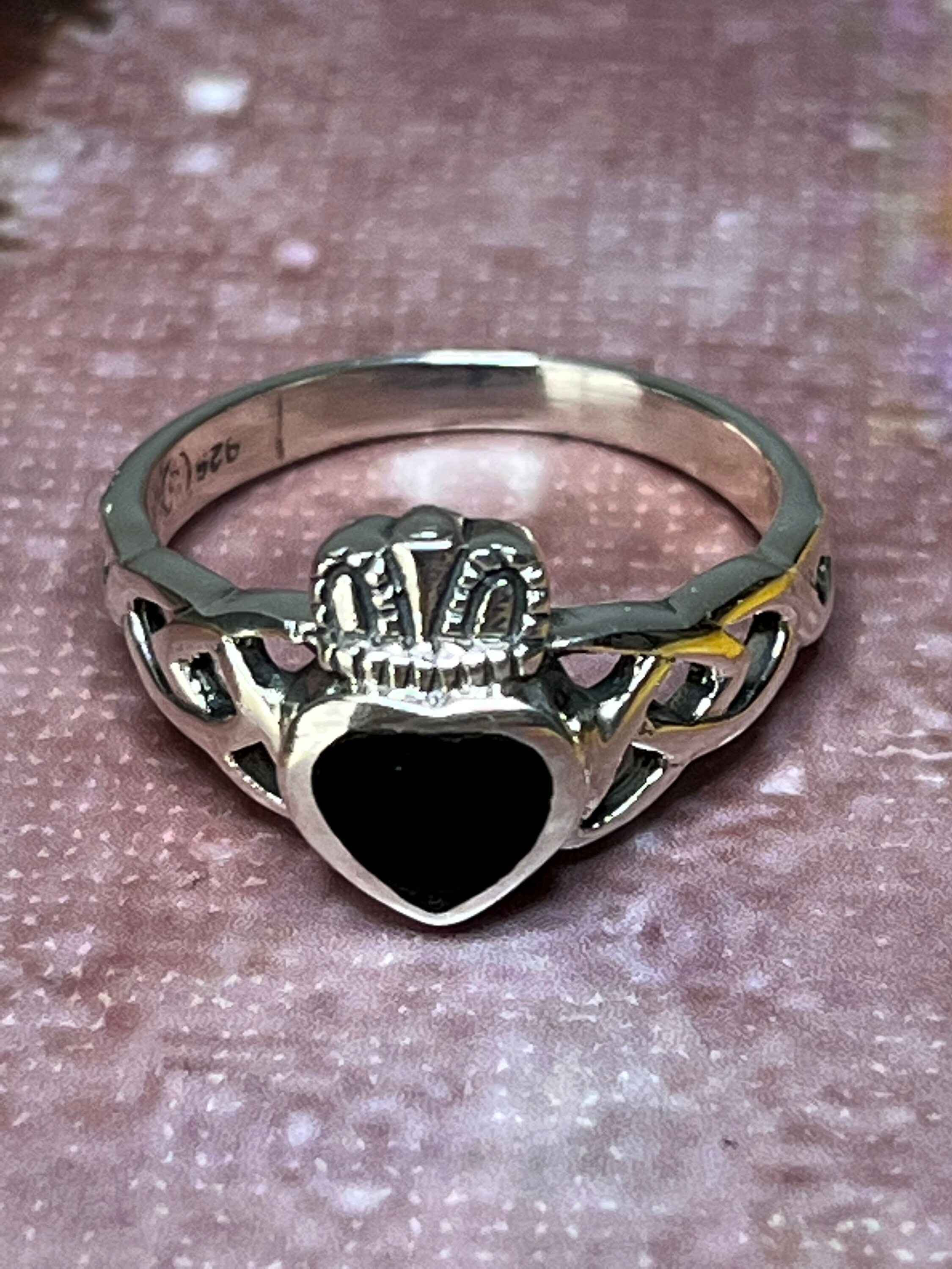 Claddagh Celtic Irish Heart Ring, Sterling Silver 925, With Black Agate ...