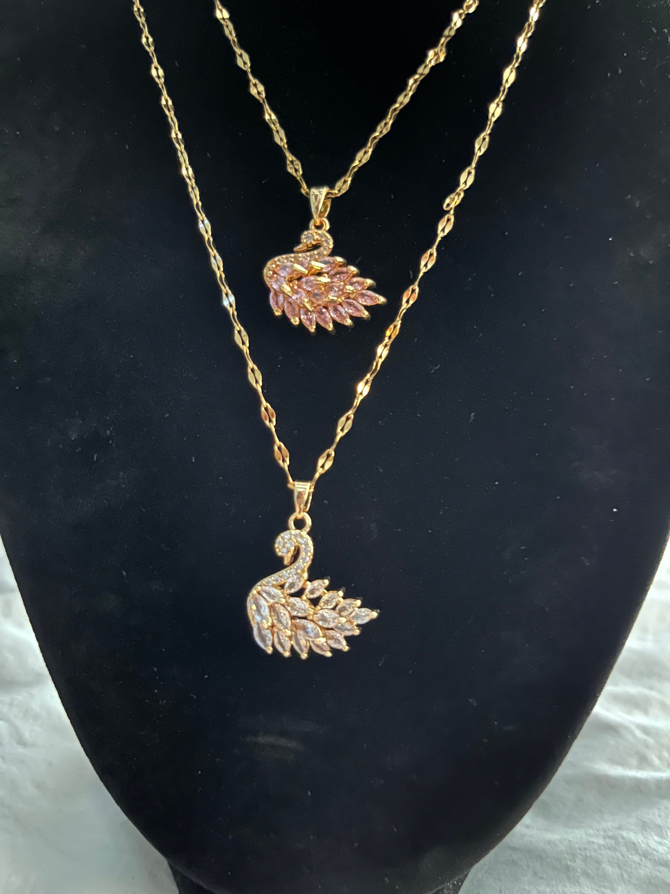 Swan Pink & White Zircon Inlaid Pendant Adjustable Necklaces, Swan ...