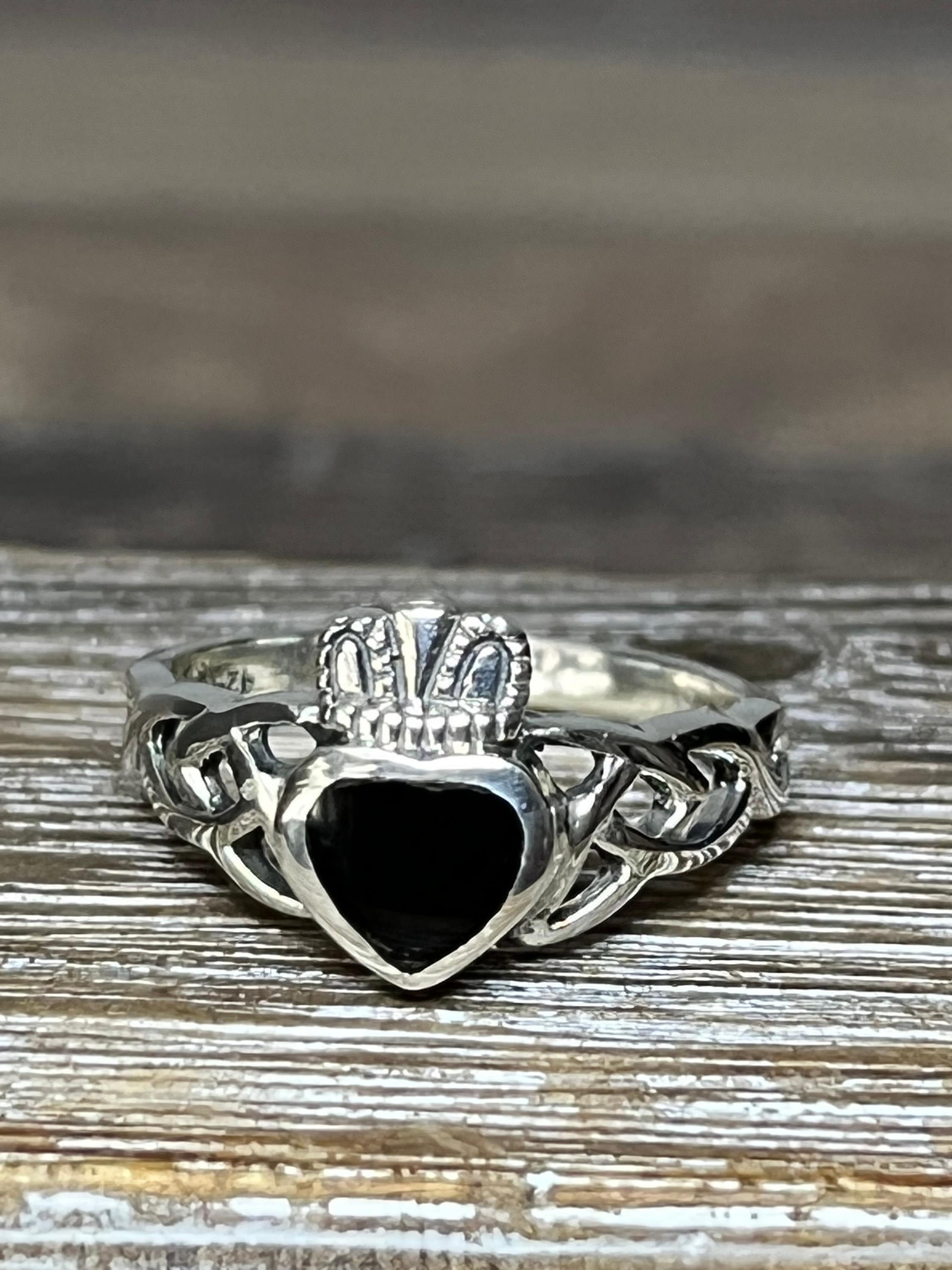 Claddagh Celtic Irish Heart Ring, Sterling Silver 925, With Black Agate ...