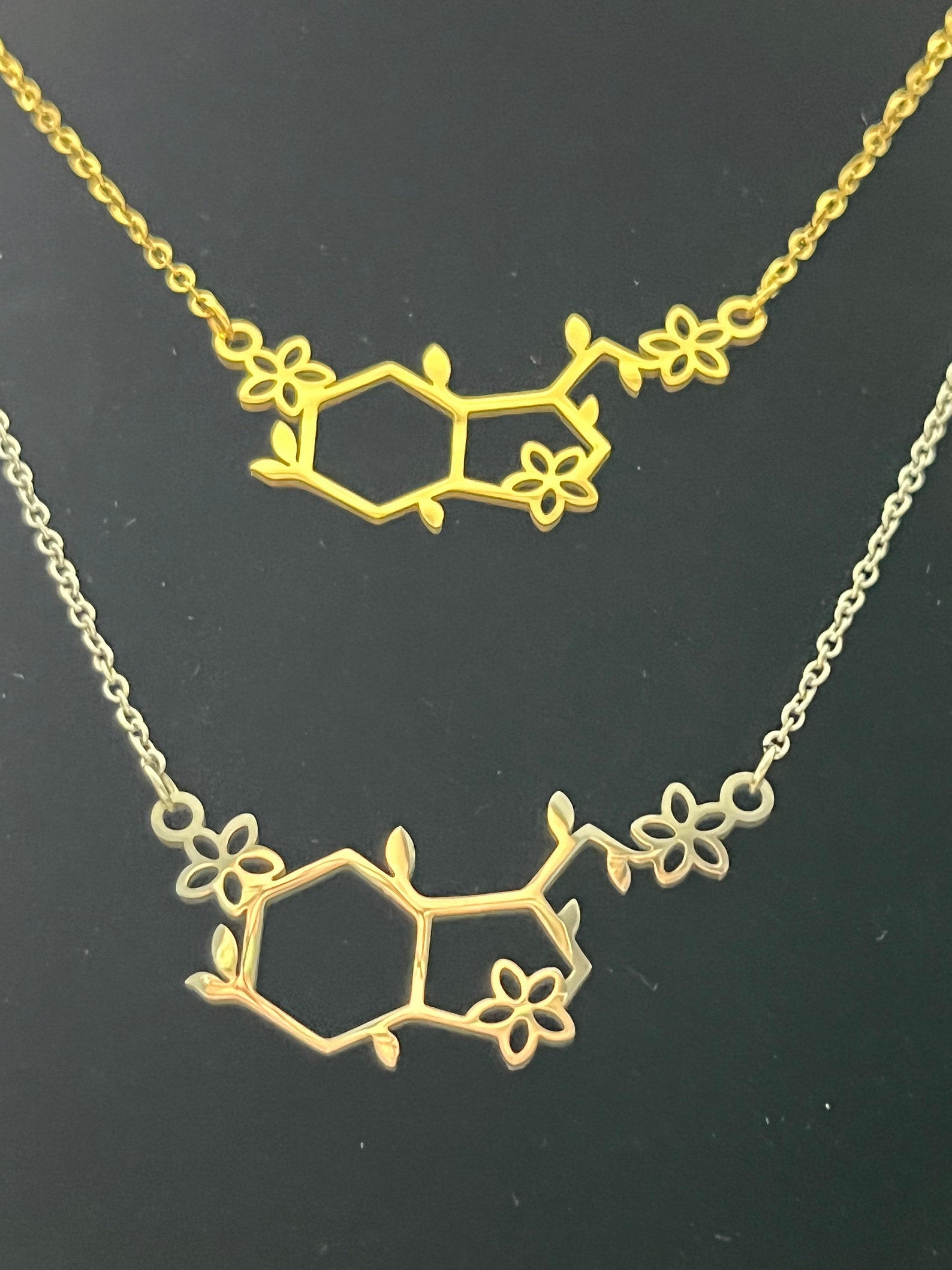 Molecule Pendant Necklace, Serotonin Molecule With Flower Charm Pendant ...