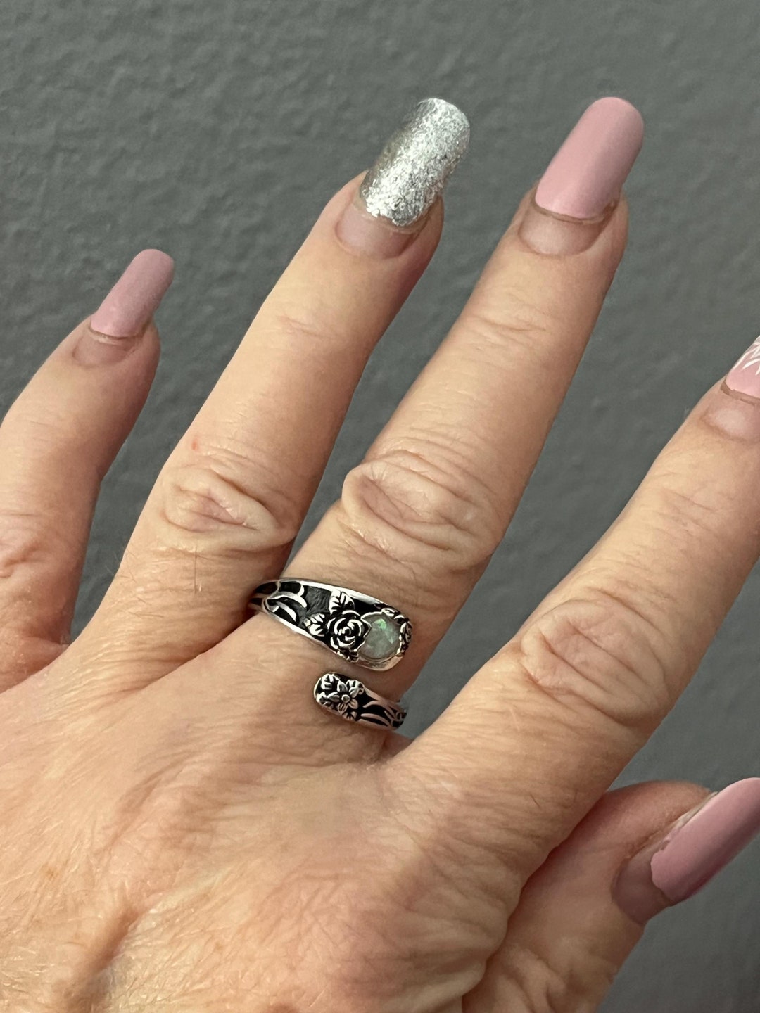 One Rose Spoon Ring 925 Sterling Silver, 3.3g Opal Blue Thumb Ring ...