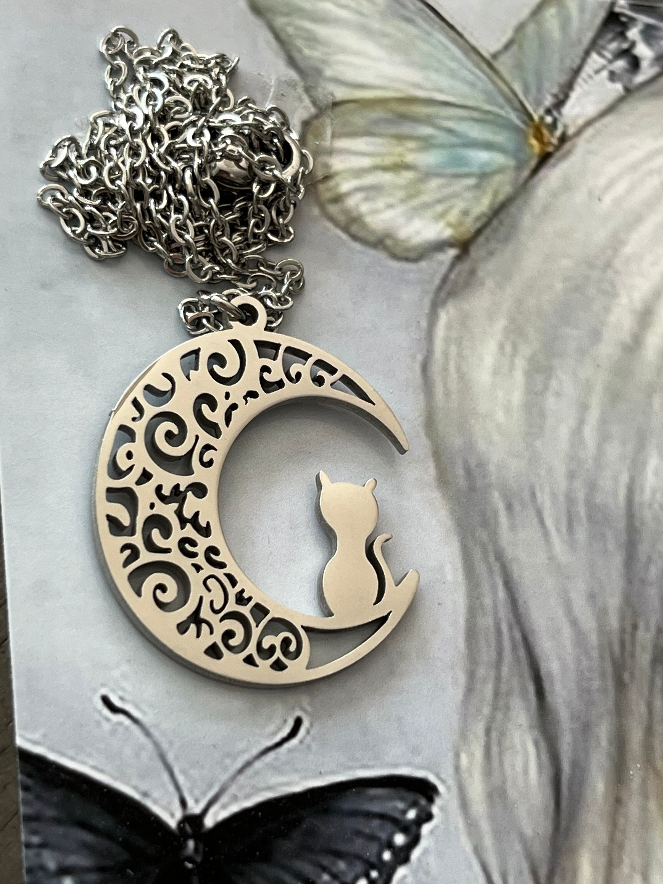 Cute Cat Hollowed Out Moon Necklace, Stainless Steel Cat Pendant ...