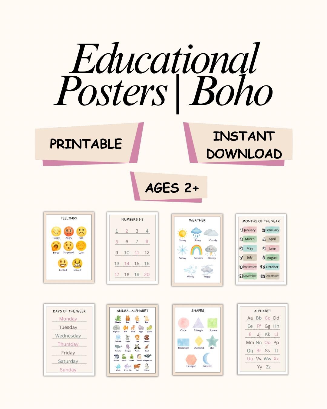 Boho Educational Posters for Kids | Printable Learning Wall Art (ages 2 ...