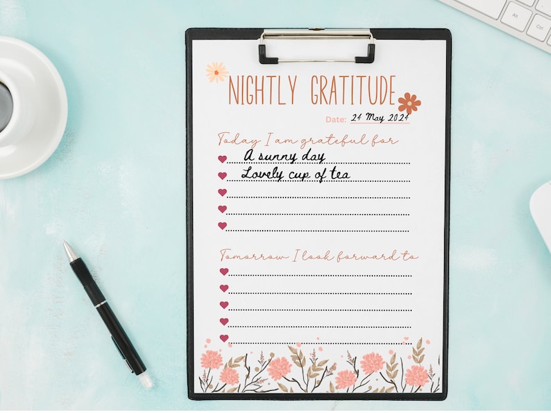 Nightly Gratitude Journal Worksheet Printable Grateful Tracker Daily ...