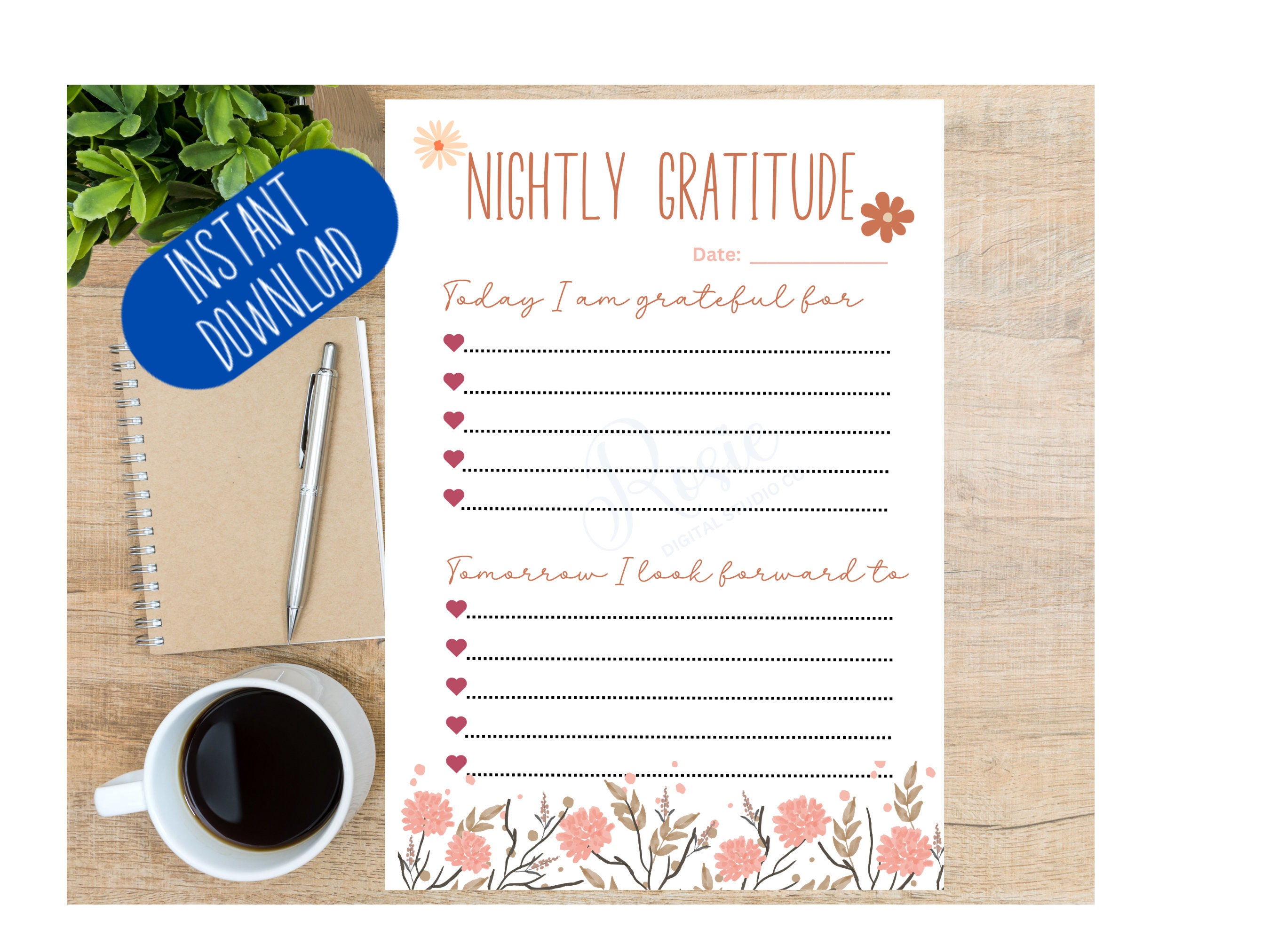 Nightly Gratitude Journal Worksheet Printable Grateful Tracker Daily ...