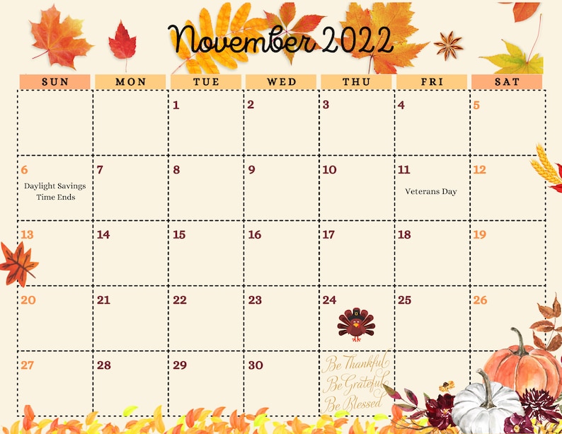 Printable November Calendar 2022 Thanksgiving 2022 - Etsy