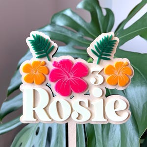 Personalized Tropical Cake Topper: Hibiscus Flowers & Greenery - Etsy