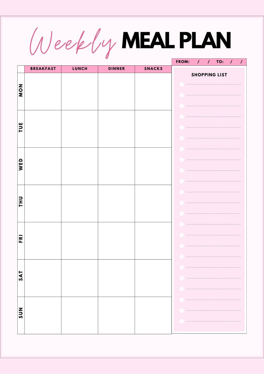 Blank Digital Printable Daily and Weekly Meal Planner With Grocery List ...