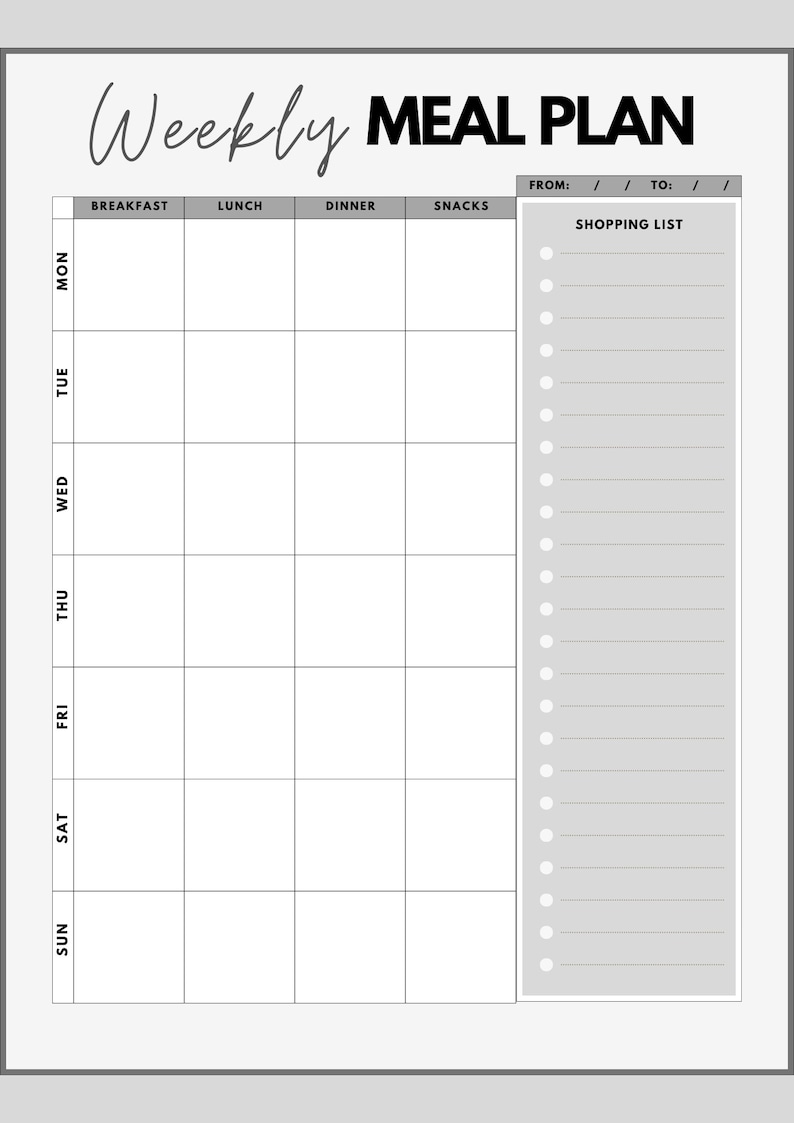 Blank Digital Printable Daily and Weekly Meal Planner With Grocery List ...