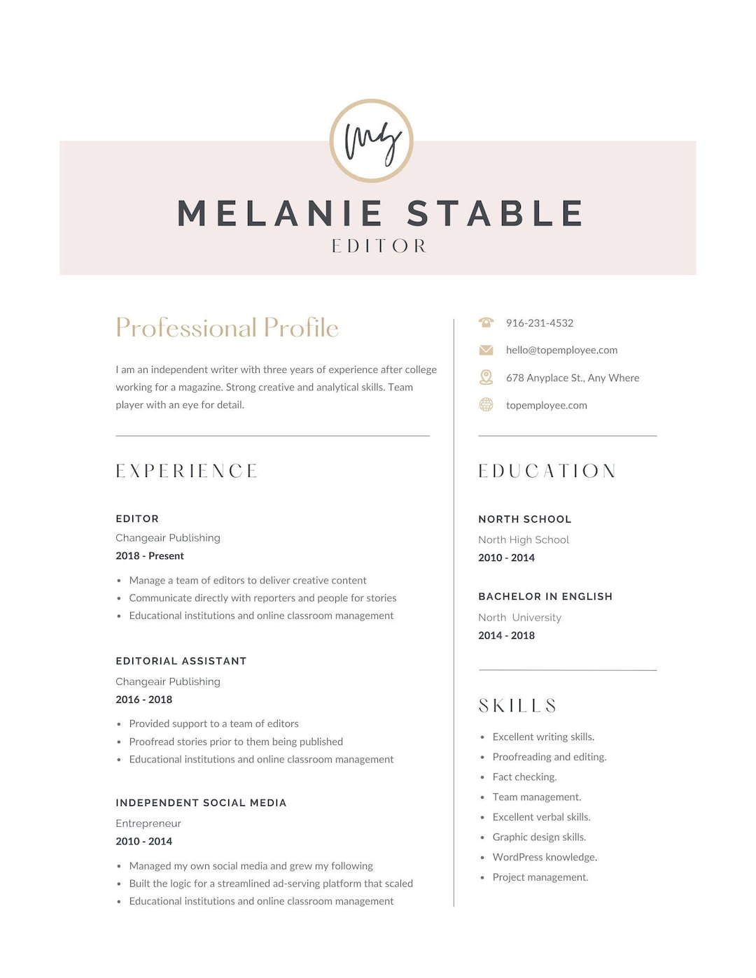 Resume Printable, Instant Download, Professional Resume, Customizable ...