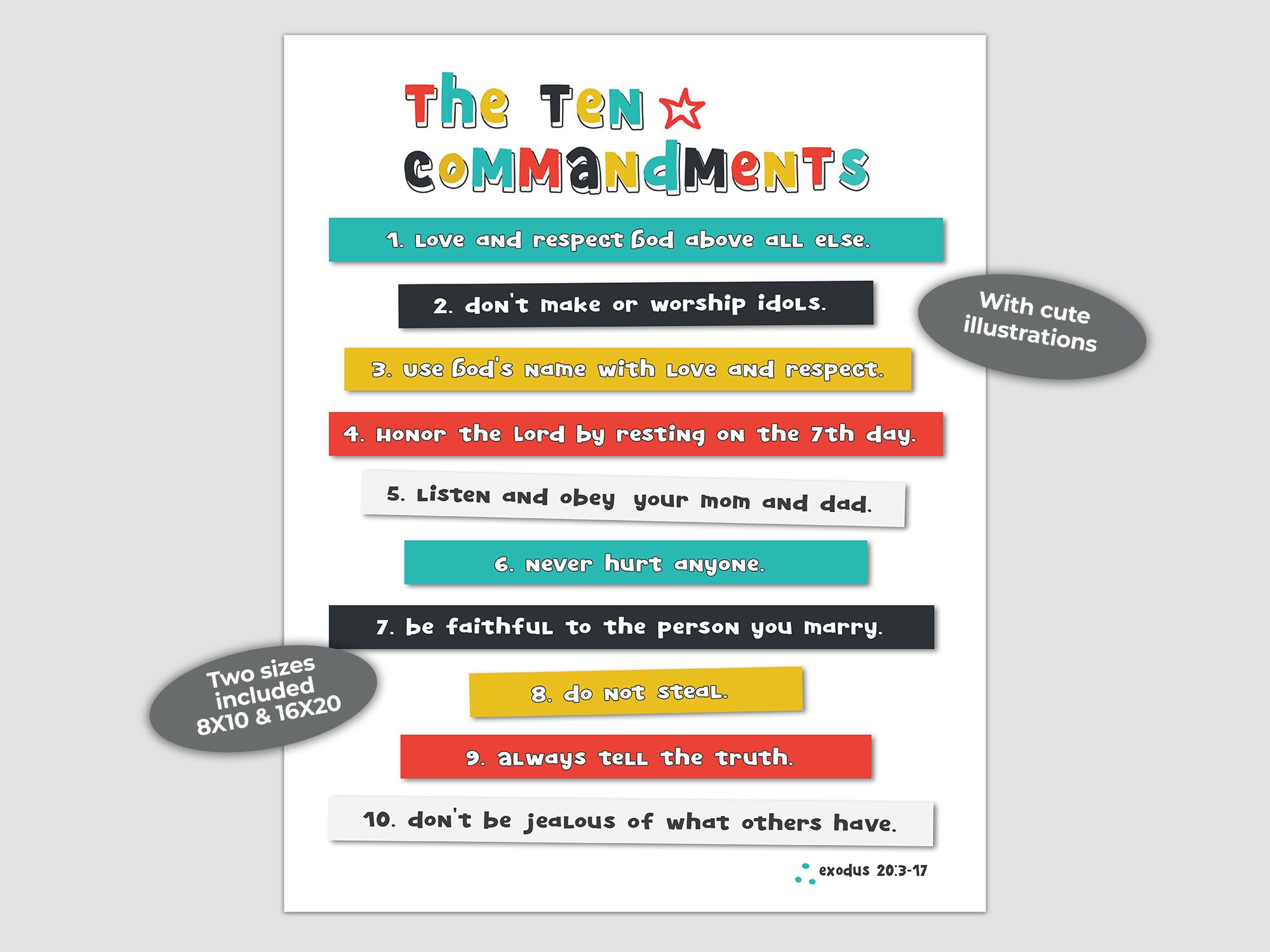 The Ten Commandments for Kids Poster and Memory Cards Set. Instant ...