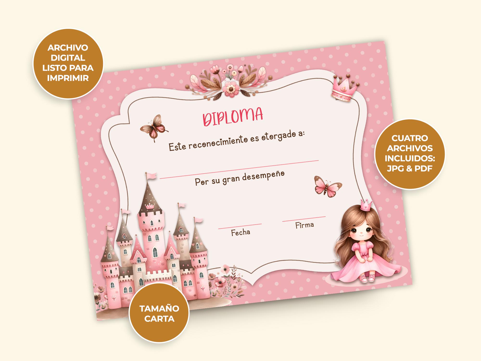 Diploma De Princesas, Certificado Para Niñas, Castillo, Imprimible ...