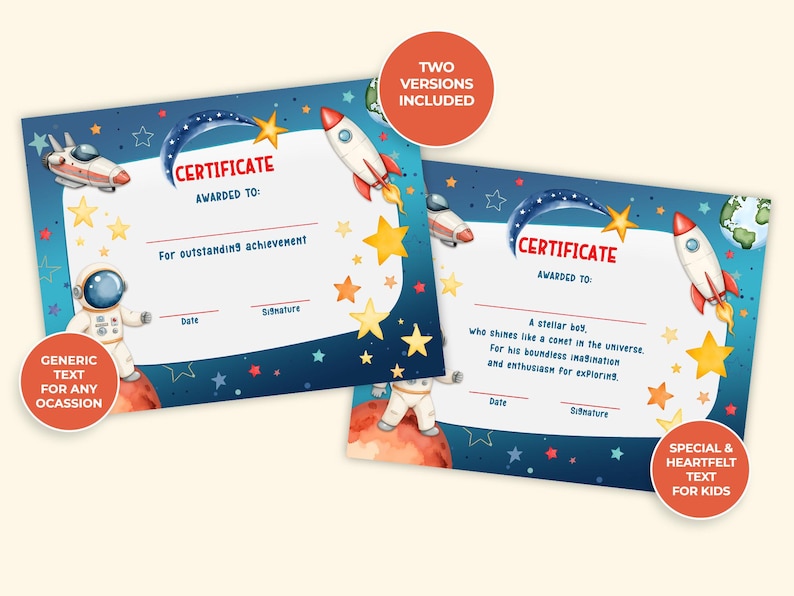 Space Certificate for Kids, Rocket, Moon, Astronaut, Printable Digital ...