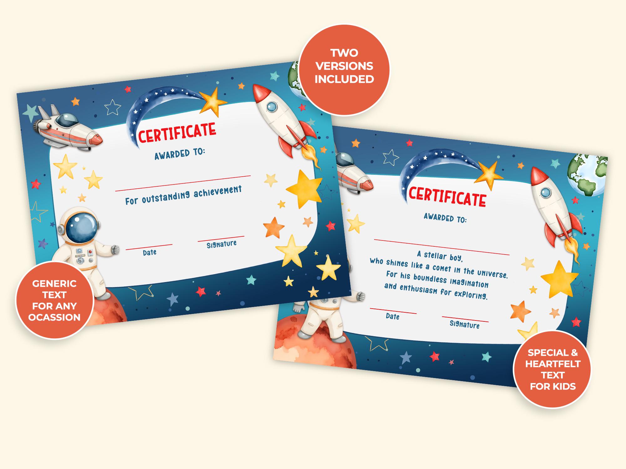 Space Certificate for Kids, Rocket, Moon, Astronaut, Printable Digital ...
