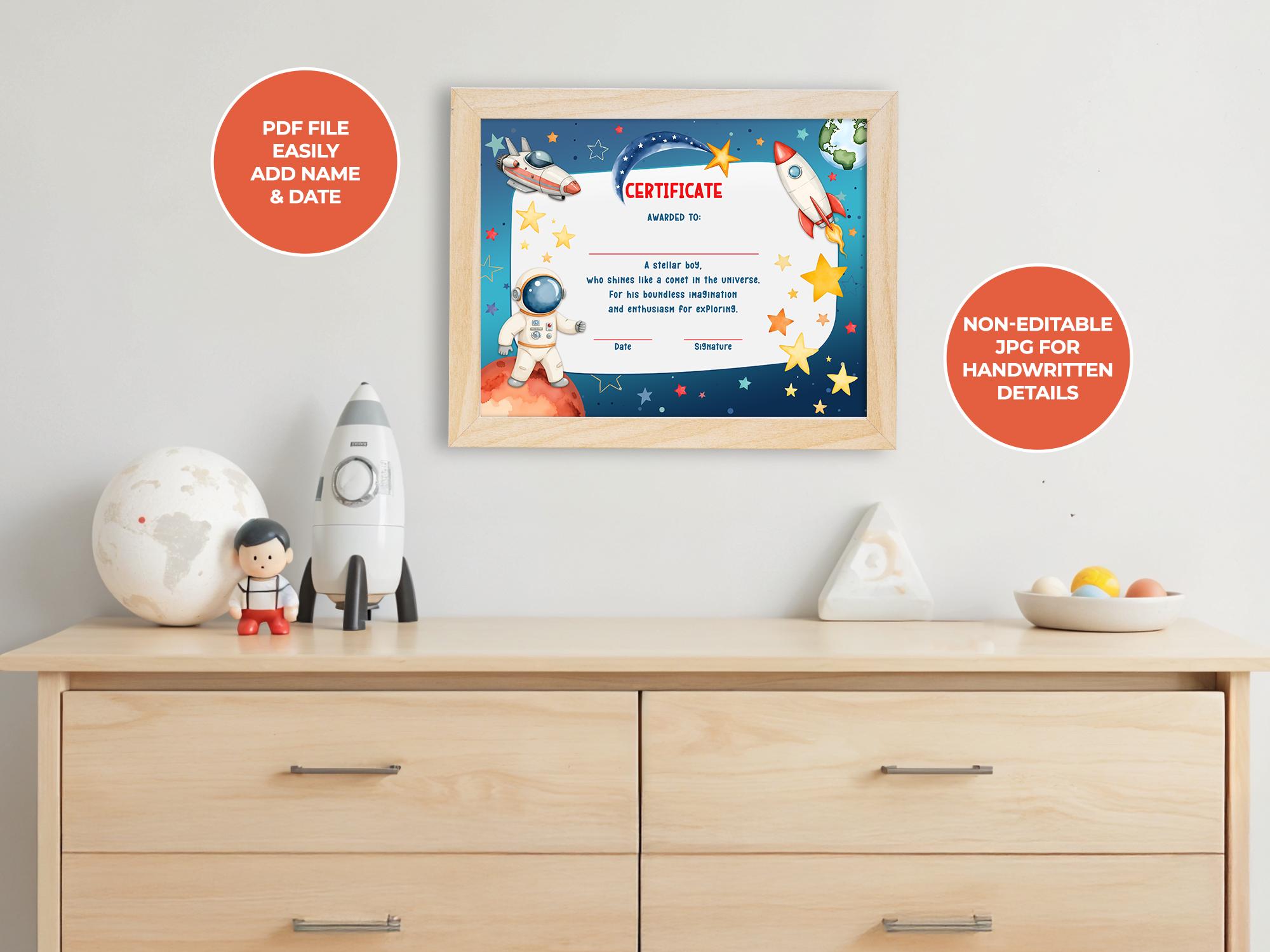 Space Certificate for Kids, Rocket, Moon, Astronaut, Printable Digital ...
