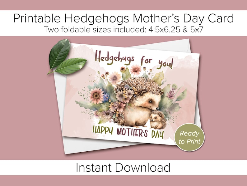 Printable Mothers Day Card. Hedgehog Card. Digital Mother's Day Card ...