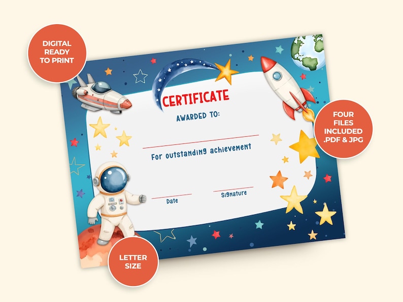 Space Certificate for Kids, Rocket, Moon, Astronaut, Printable Digital ...