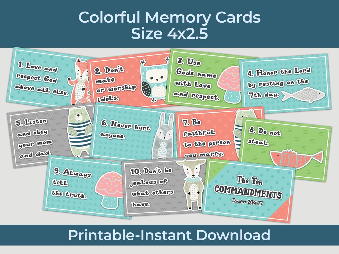 The Ten Commandments for Kids Poster and Memory Cards Set. Instant ...