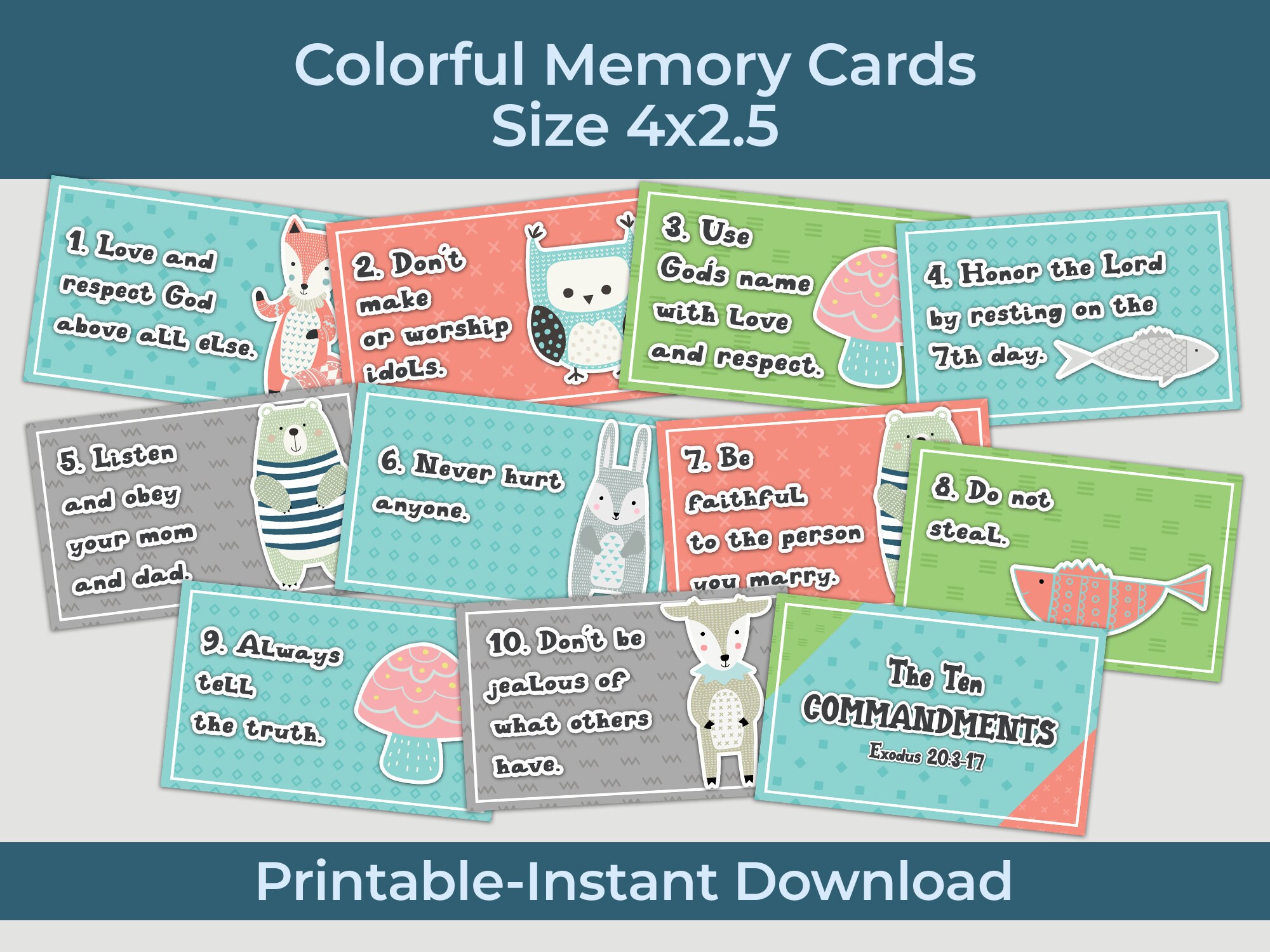 The Ten Commandments for Kids Poster and Memory Cards Set. Instant ...