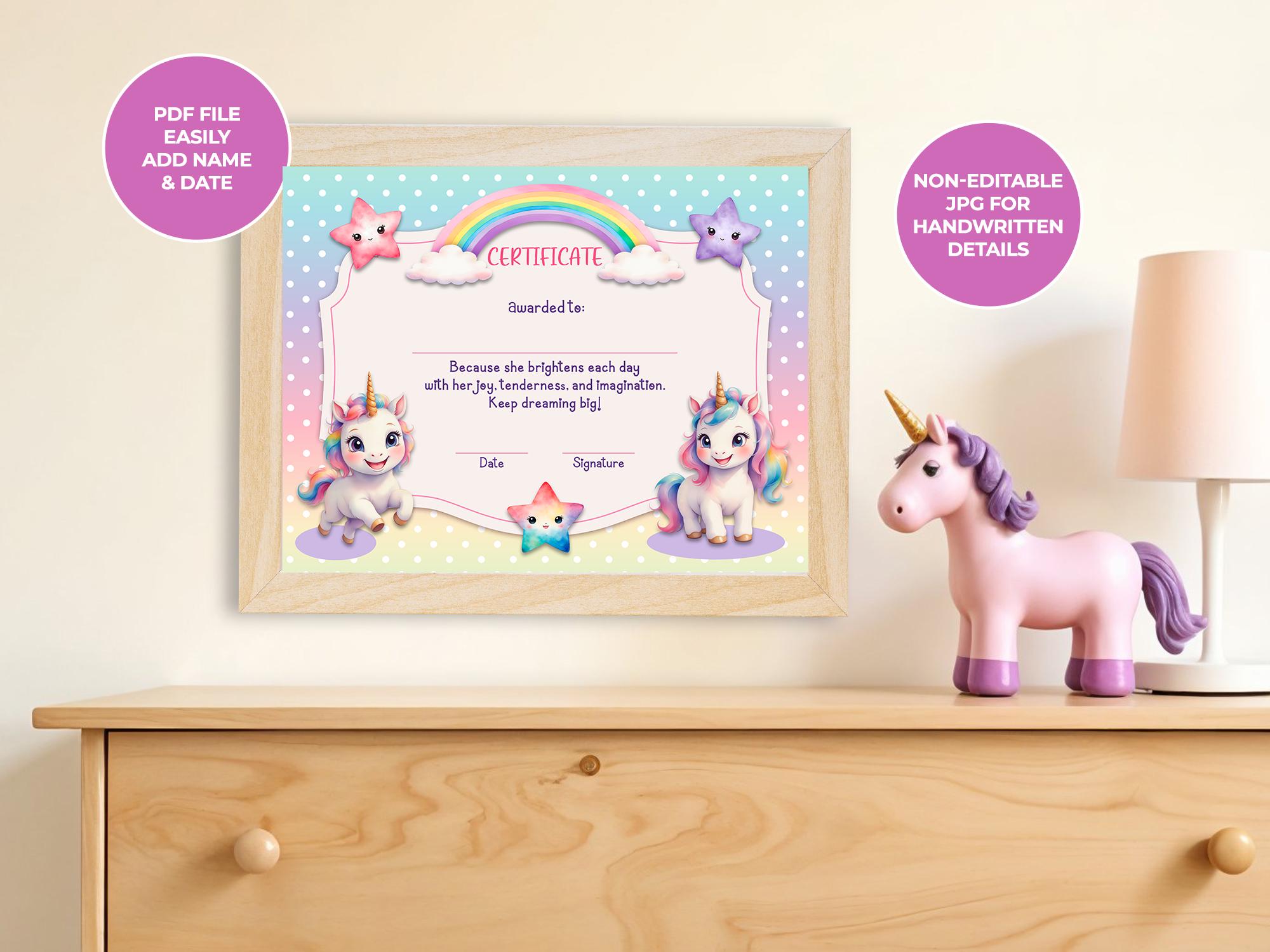 Unicorn Certificate for Kids, Rainbow, Fantasy, Printable Digital ...