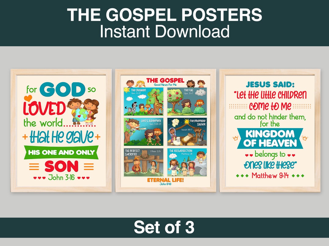 The Gospel for Kids, Christian Posters, Sunday School Decor, Scripture ...