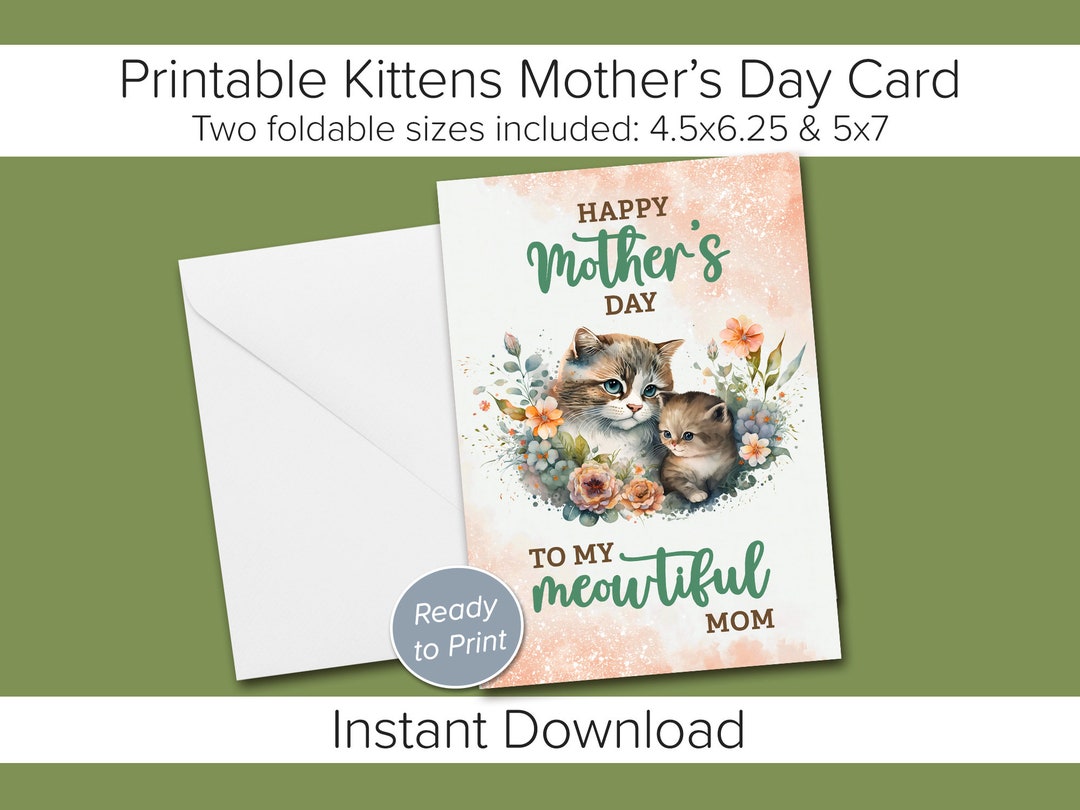 Printable Mothers Day Card. Kitten Card. Digital Mother's Day Card ...