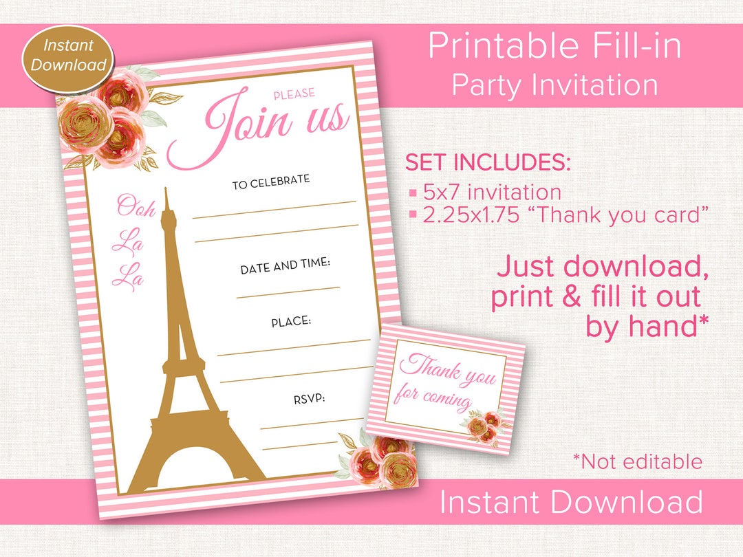 Paris Party Invitations, Printable Fill-in Paris Invitations ...