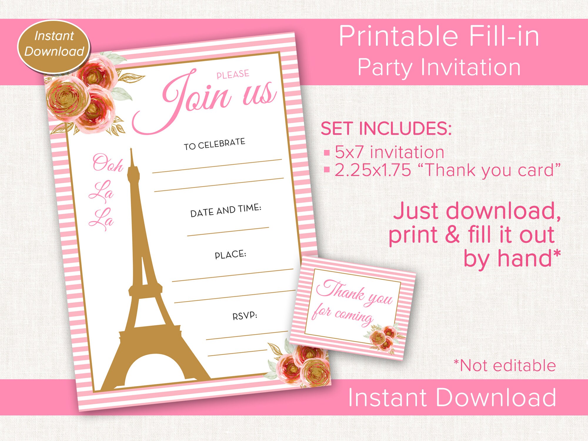 Paris Party Invitations, Printable Fill-in Paris Invitations ...
