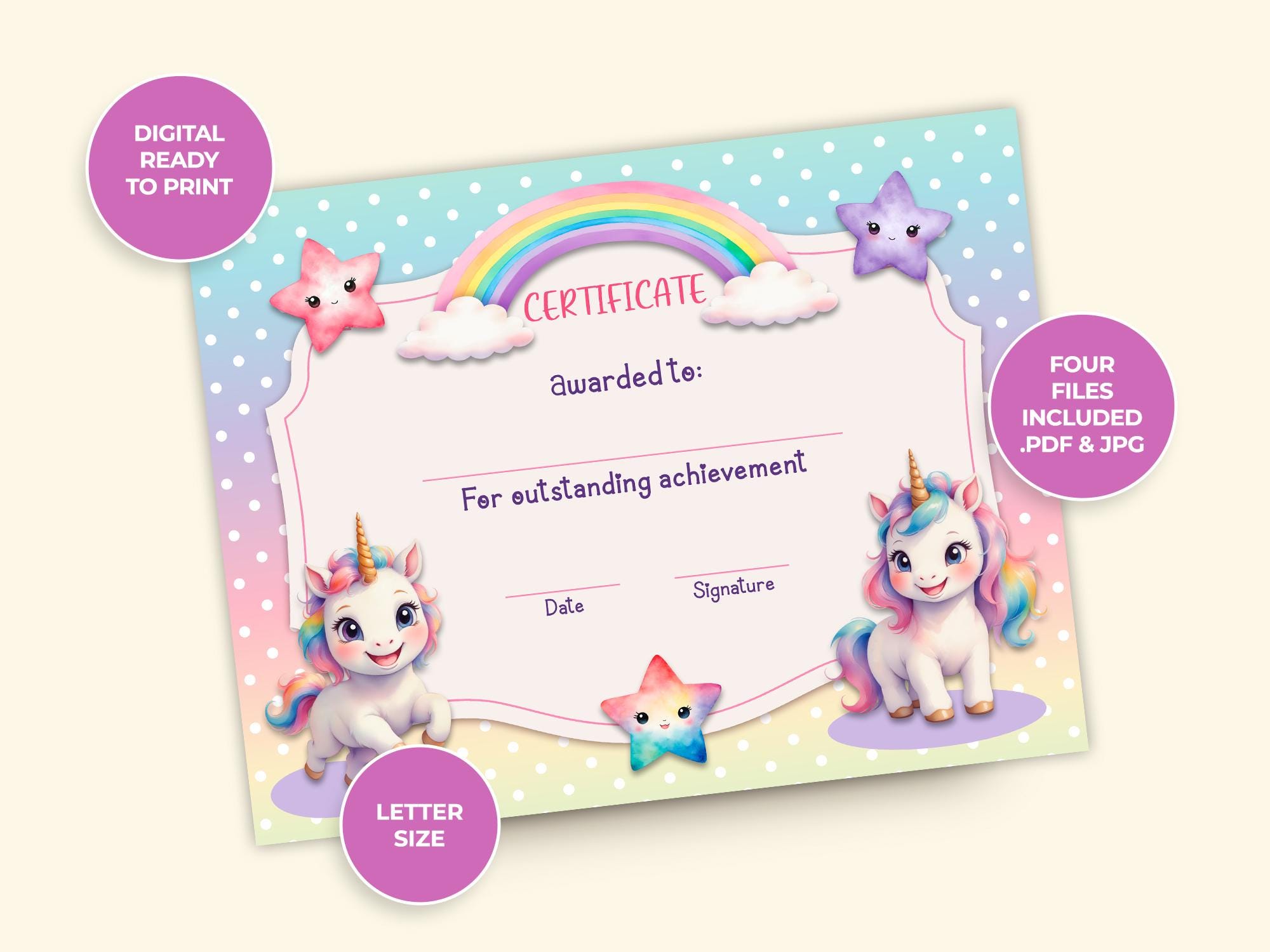 Unicorn Certificate for Kids, Rainbow, Fantasy, Printable Digital ...
