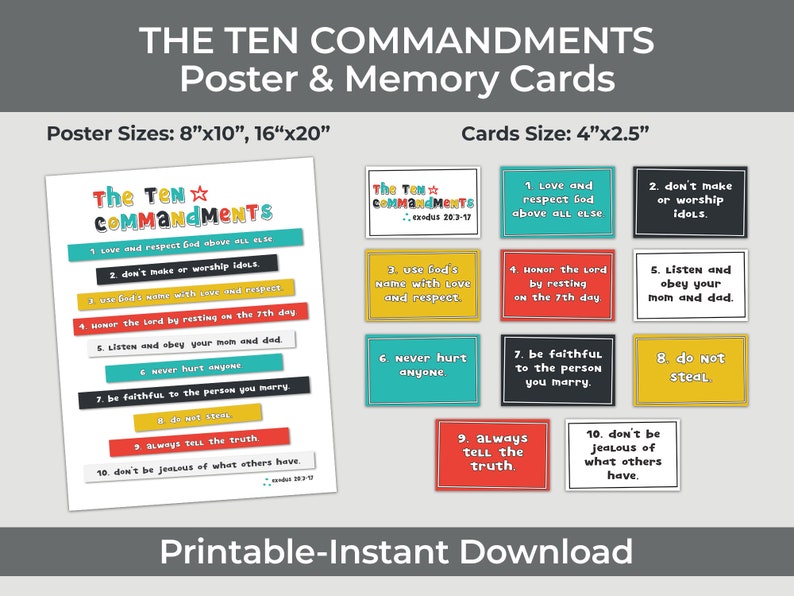 The Ten Commandments for Kids Poster and Memory Cards Set. Instant ...