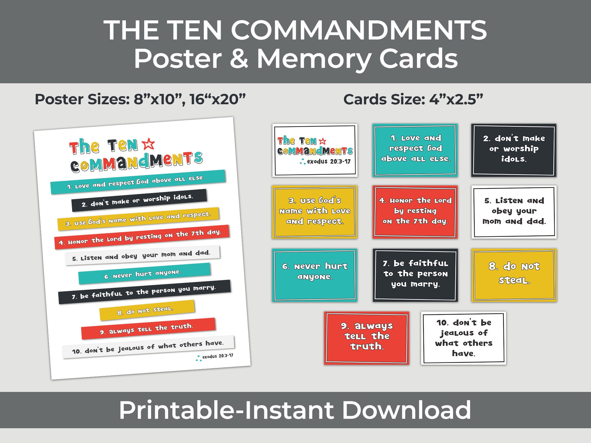 The Ten Commandments for Kids Poster and Memory Cards Set. Instant ...