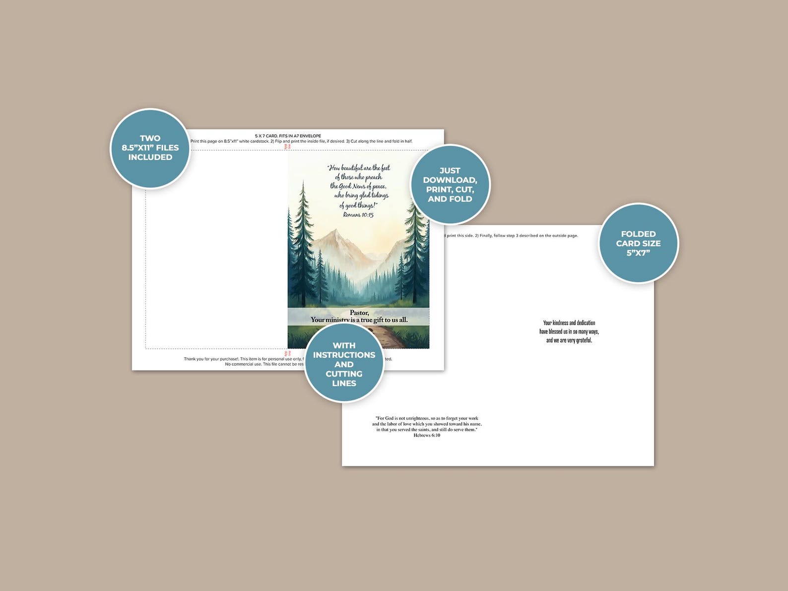 Pastor Appreciation Card, Ready-to-print, Forest Watercolor Design ...