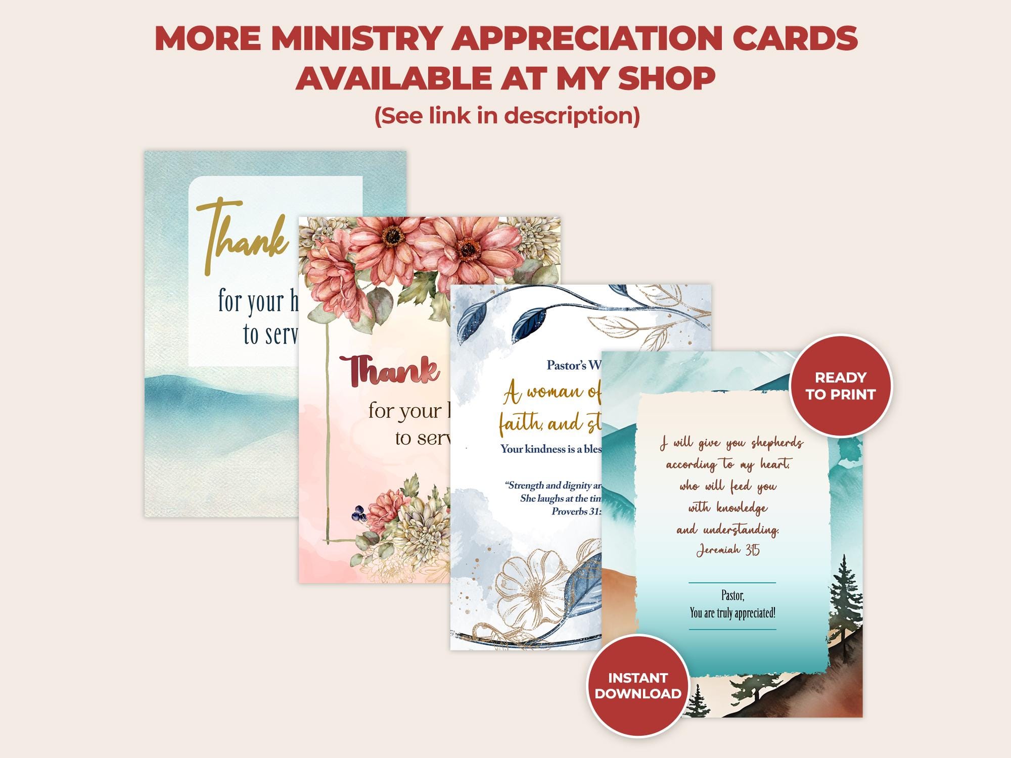 Pastor Appreciation Card, Ready-to-print, Forest Watercolor Design ...