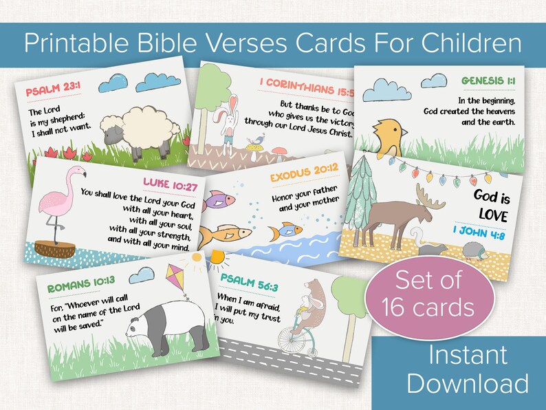 Bible Verse Memory Cards for Kids – Cute Animal Illustrations ...