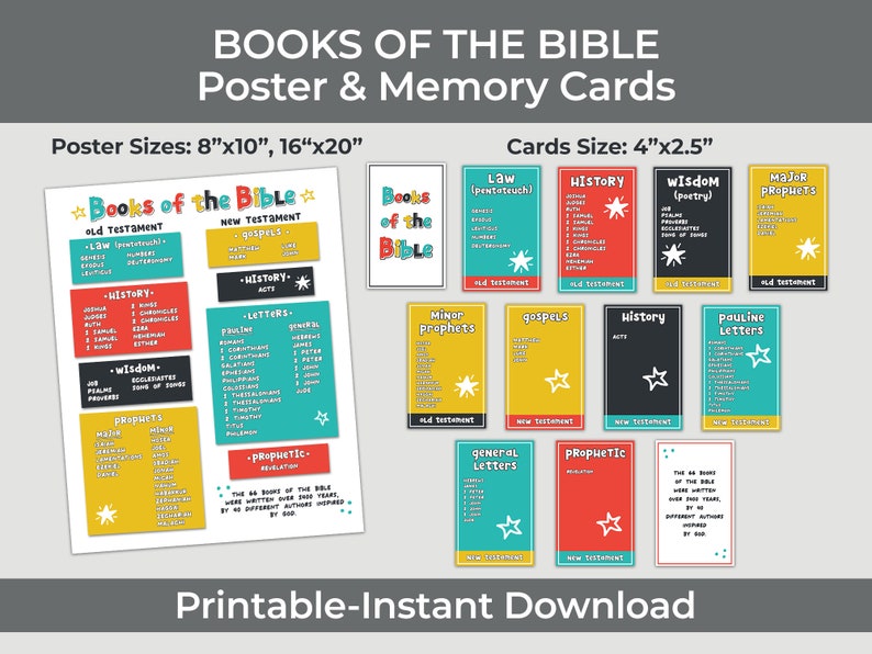 The Books of the Bible for Kids Poster and Memory Cards Set. Instant ...