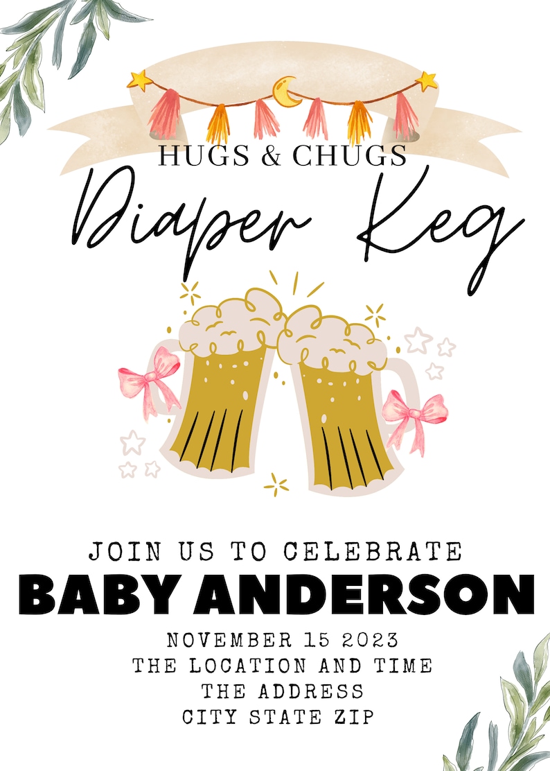 HUGS AND CHUGS Diaper Keg Invite, Girl Diaper Keg Invite, Editable ...