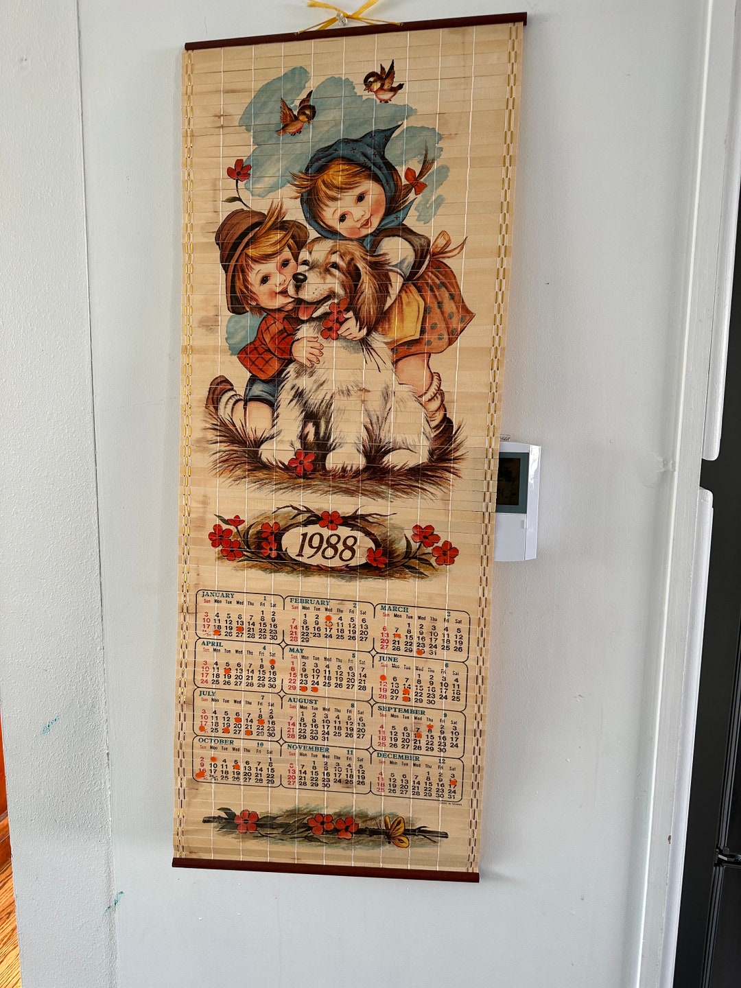 Scroll Roll Up. Boy &girl With Puppy. Vintage Bamboo Calendar From 1988 ...