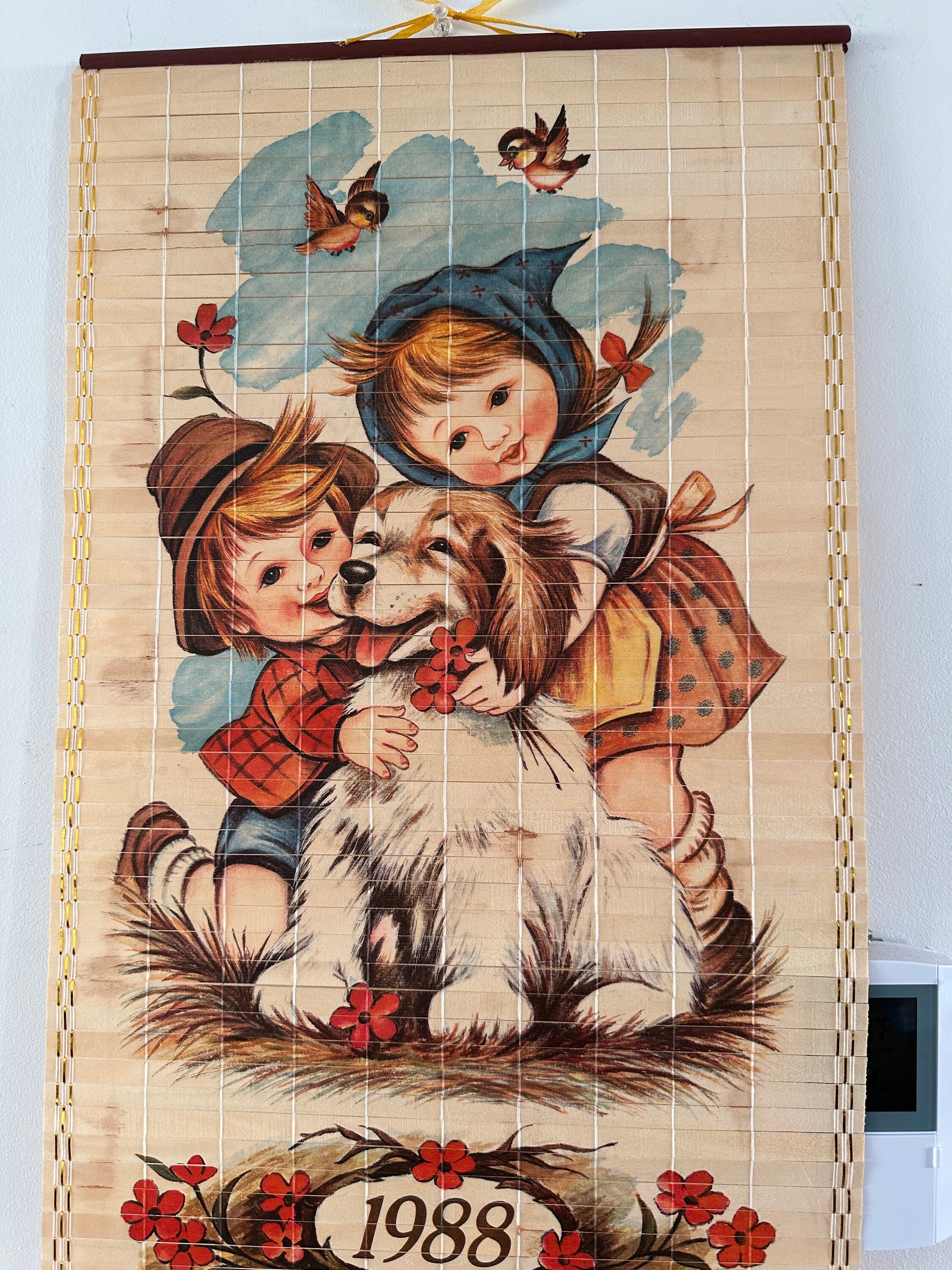Scroll Roll Up. Boy &girl With Puppy. Vintage Bamboo Calendar From 1988 ...