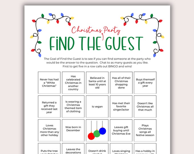 Find the Guest Christmas Game, Find the Guest Bingo, Christmas Party ...