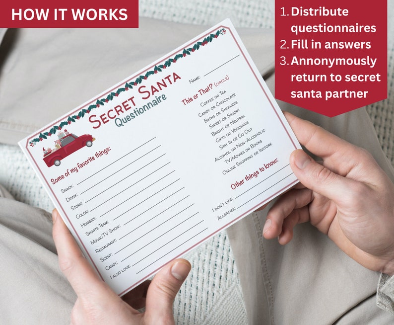Secret Santa Questionnaire Gift Exchange White Elephant - Etsy