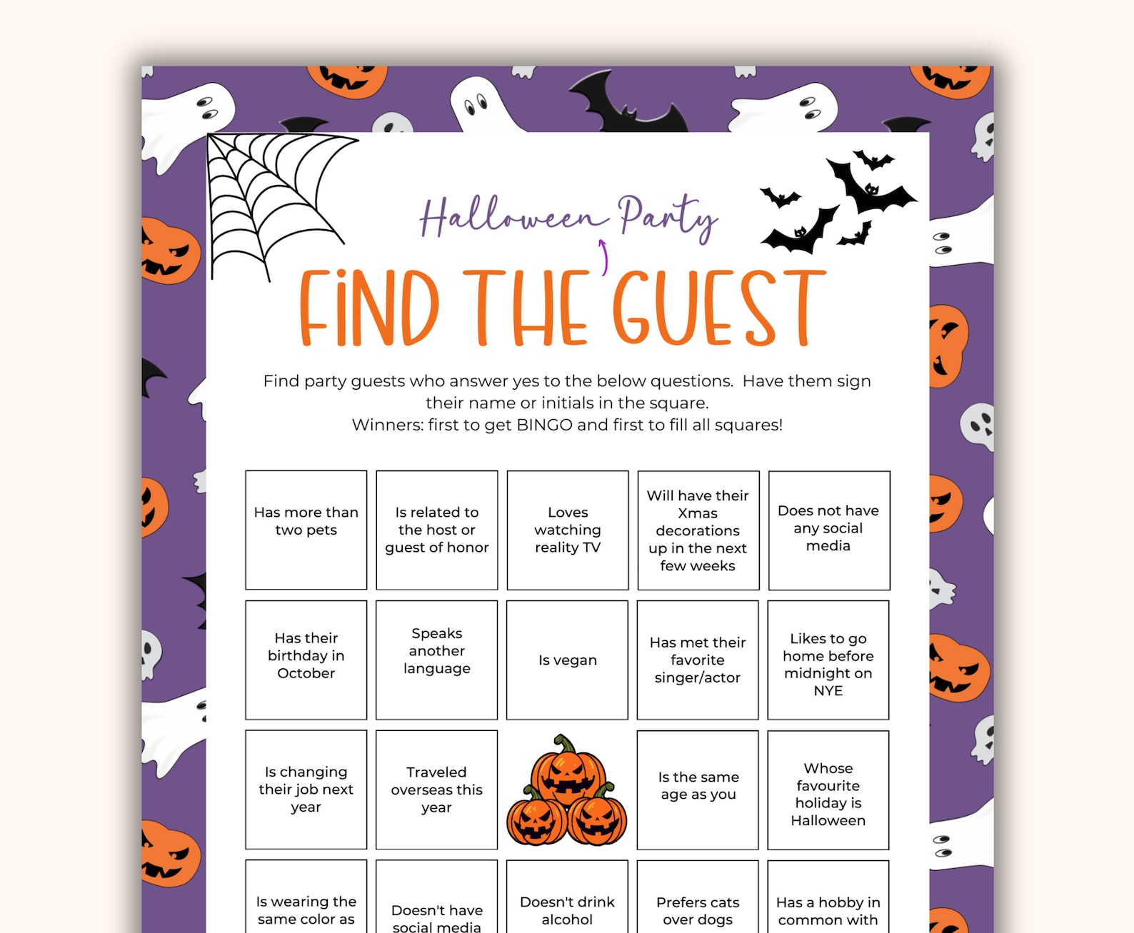 Find the Guest Halloween Game, Find the Guest Bingo, Halloween Party ...