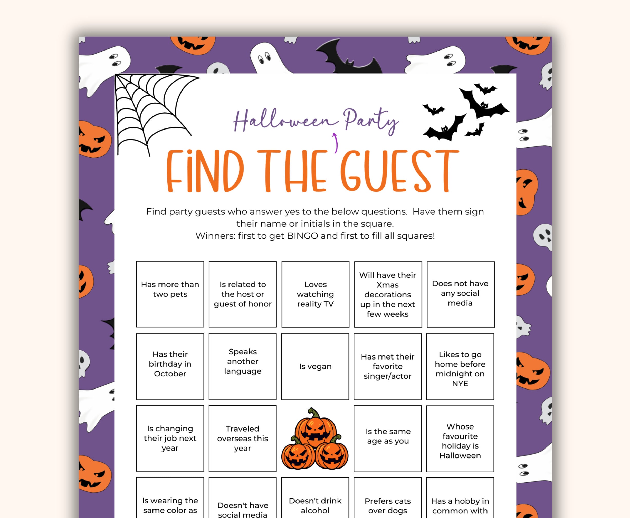 Find the Guest Halloween Game, Find the Guest Bingo, Halloween Party ...