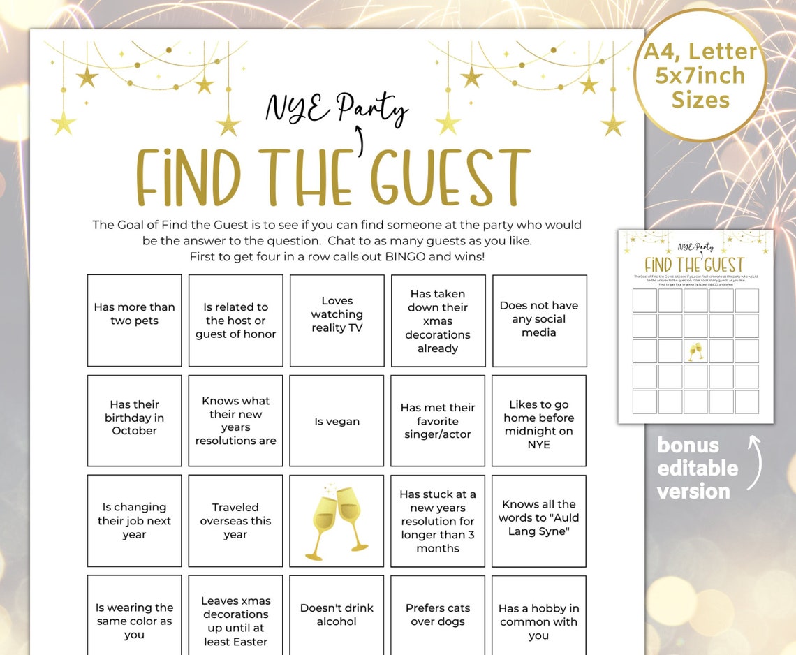 New Years Find the Guest Bingo, Find the Guest Game, New Years Eve ...