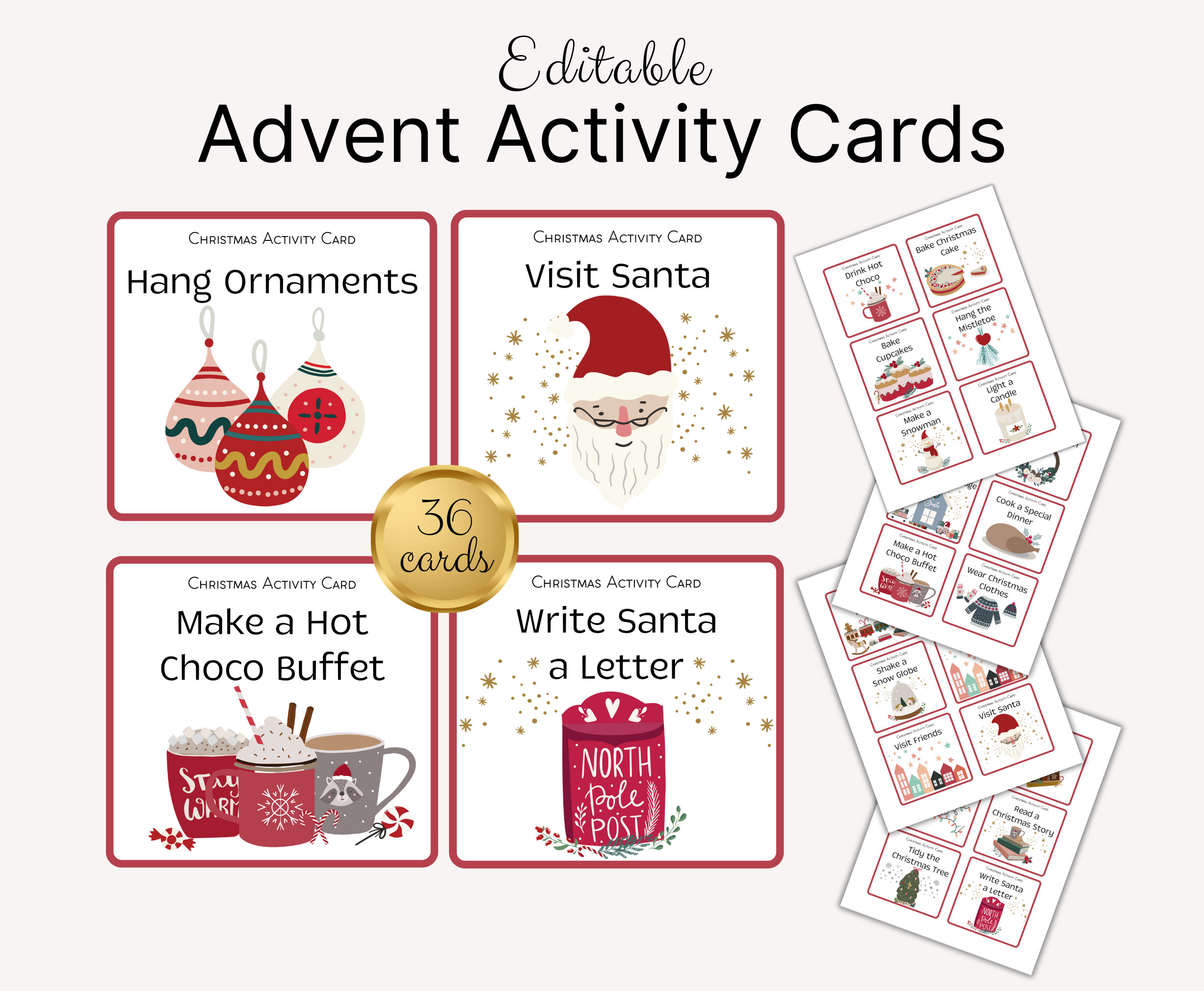 Editable Advent Calendar Activity Cards | Christmas Countdown | 36 ...