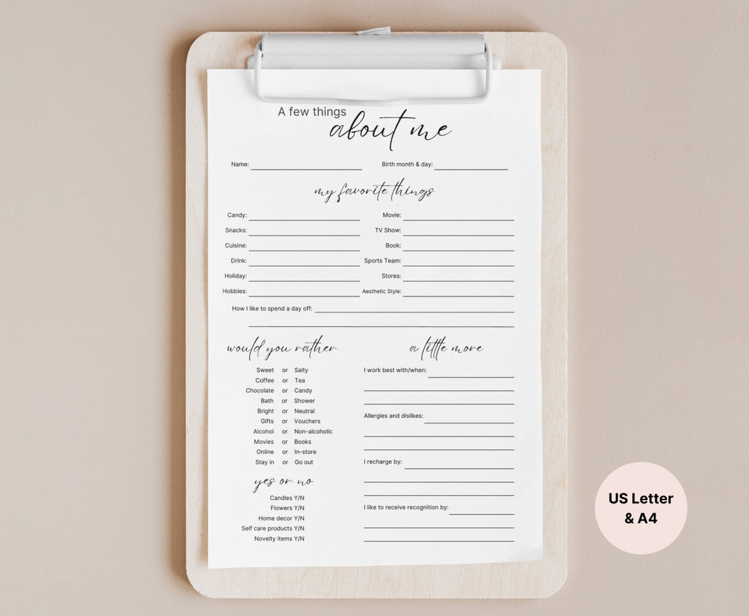 Favorite Things List for Coworkers, Printable Favorites List, Coworker ...