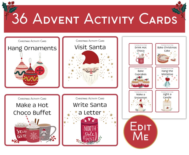 Editable Advent Calendar Activity Cards Christmas Countdown - Etsy