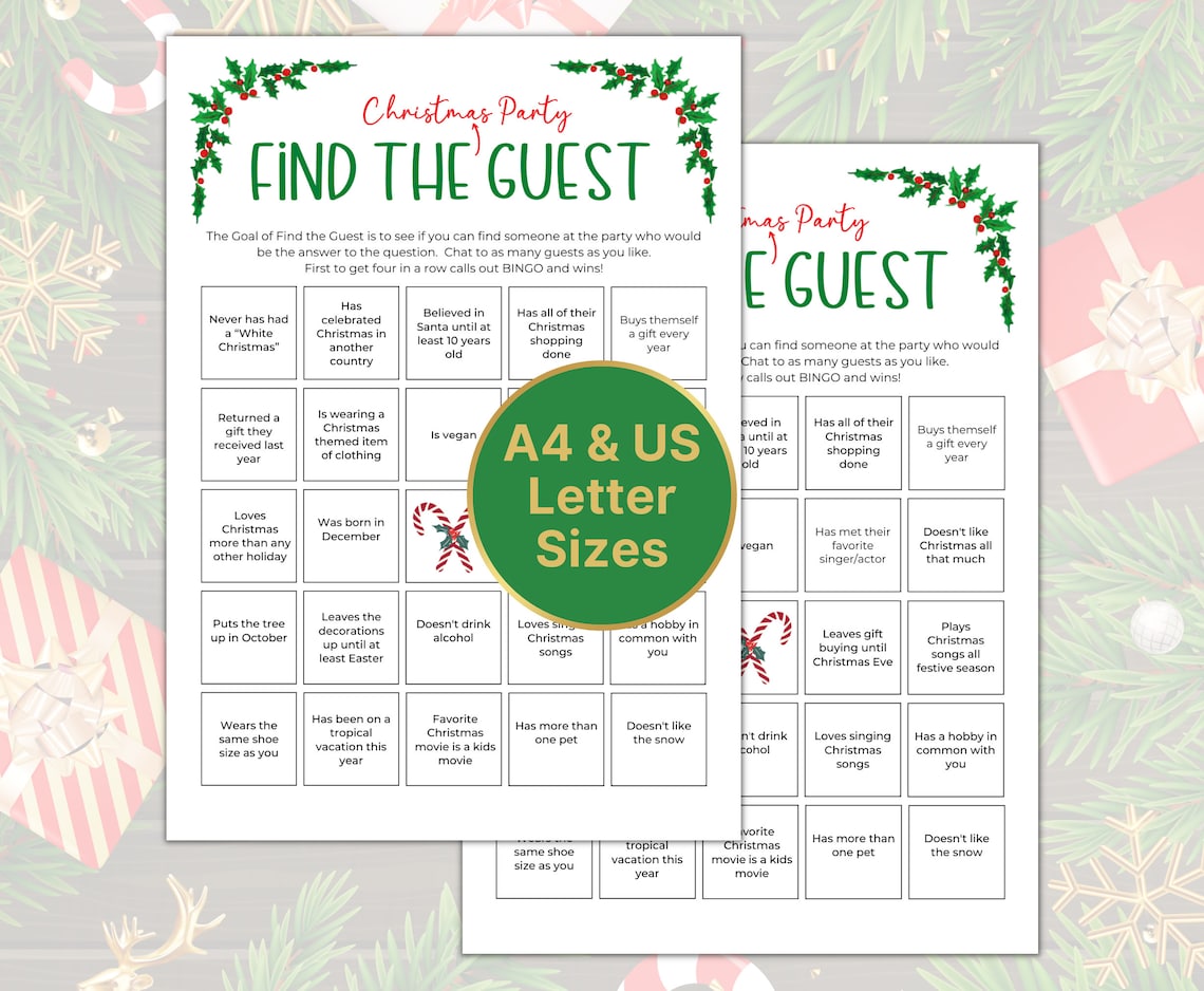 Find the Guest Christmas Game, Find the Guest Bingo, Christmas Party ...