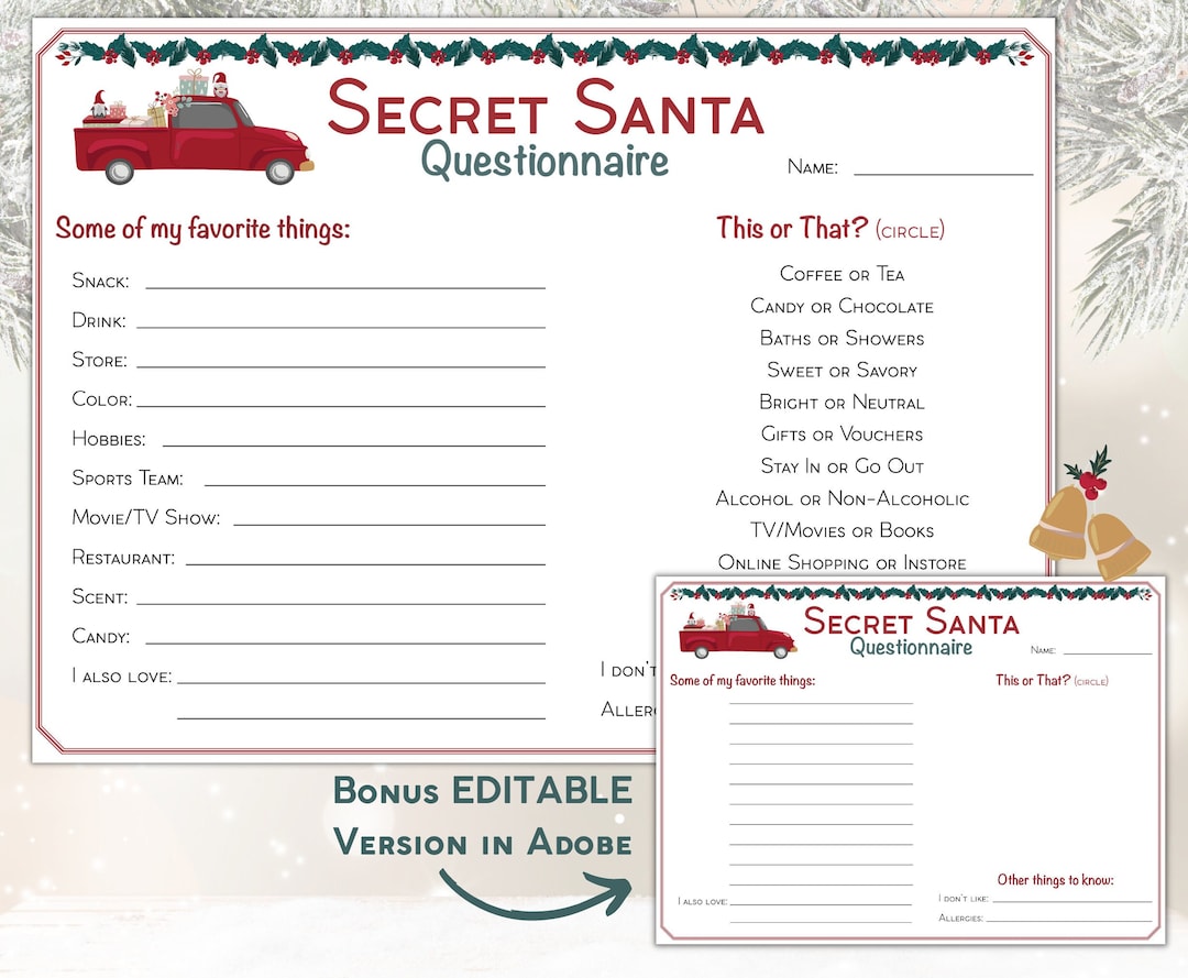 Secret Santa Gift Exchange Questionnaire Printable, Secret Santa ...