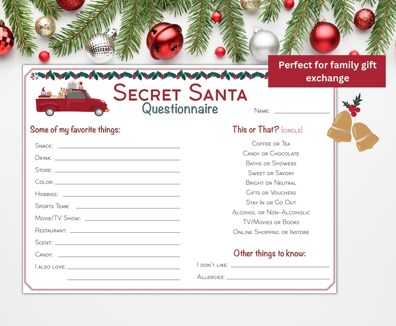 Secret Santa Questionnaire Gift Exchange White Elephant - Etsy