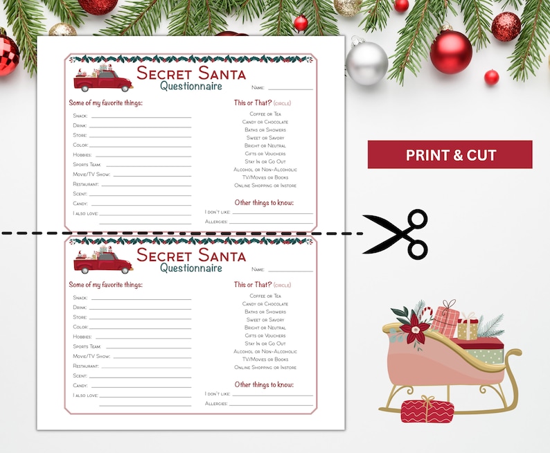 Secret Santa Questionnaire Gift Exchange White Elephant - Etsy